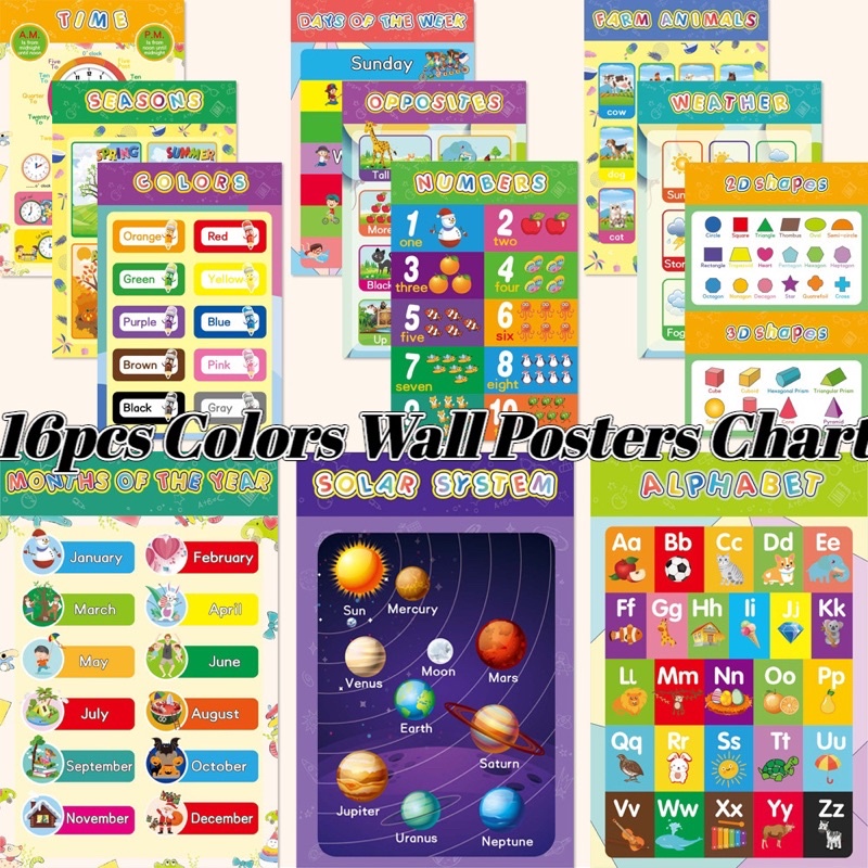 16pcs Educational Posters For Preschool Toddlers Kids Kindergarten ...