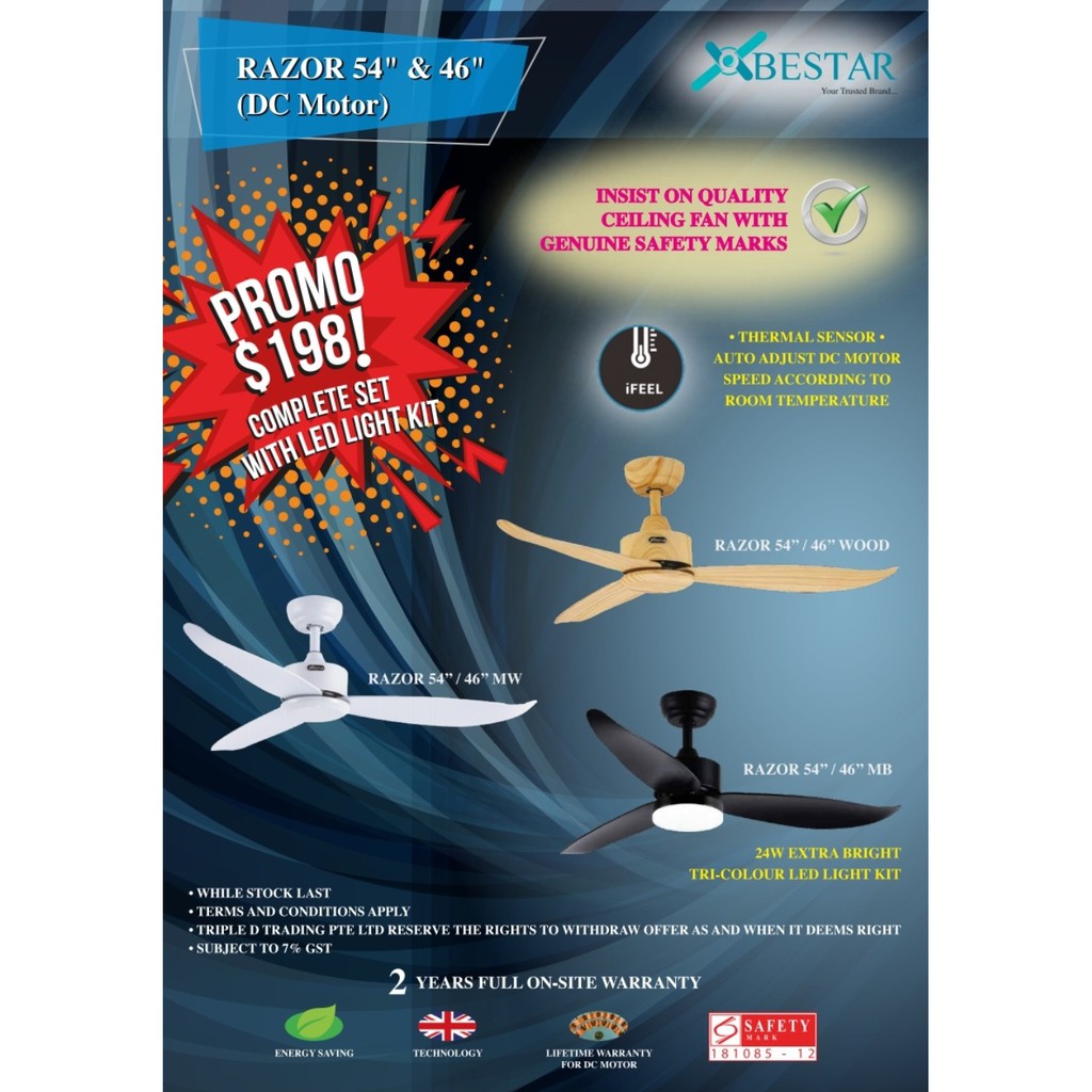 BESTAR 46 Inch DC Motor Ceiling Fan With LED Light & Remote (RAZOR ...