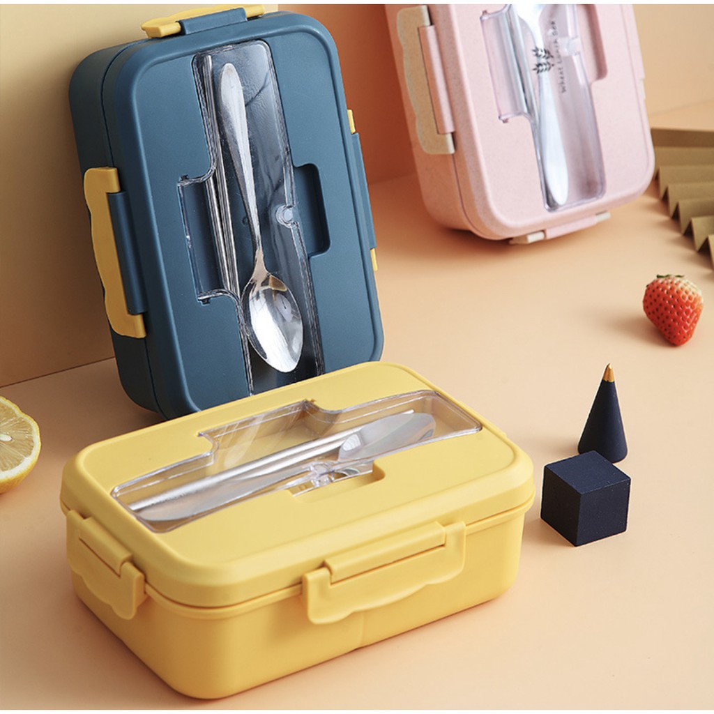 [SG] Microwave Lunch Box Wheat Straw Material With Cutlery Set Bento ...