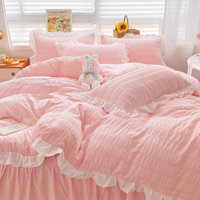 4 IN 1 Princess Style Bedding Set Seersucker Solid Style Quilt Flat ...