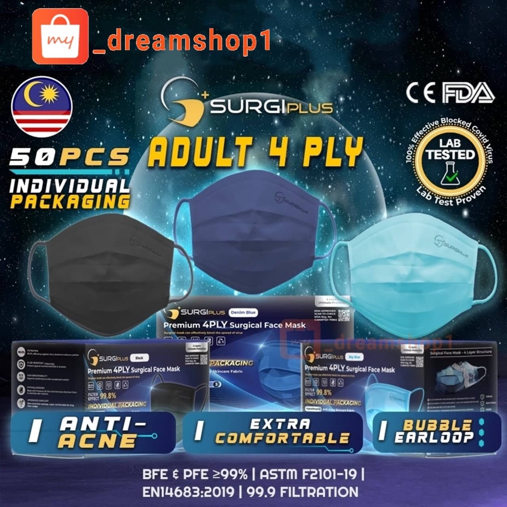 SurgiPlus Premium Surgical Face Mask 4 Ply ASTM Lvl 3/EN Type II-R ...