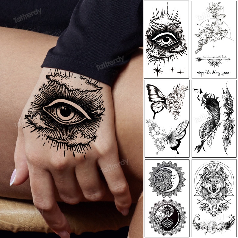 small tattoo fake waterproof black henna hand tattoo sticker eye wings ...