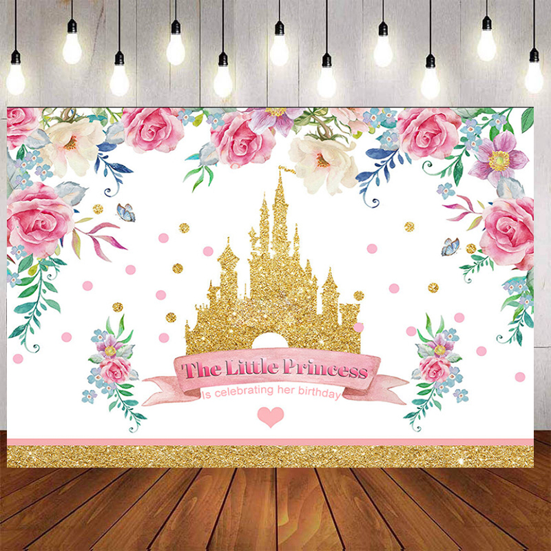 Gold Princess Castle Birthday Backdrop Cartoon Pink Flowers Photography ...