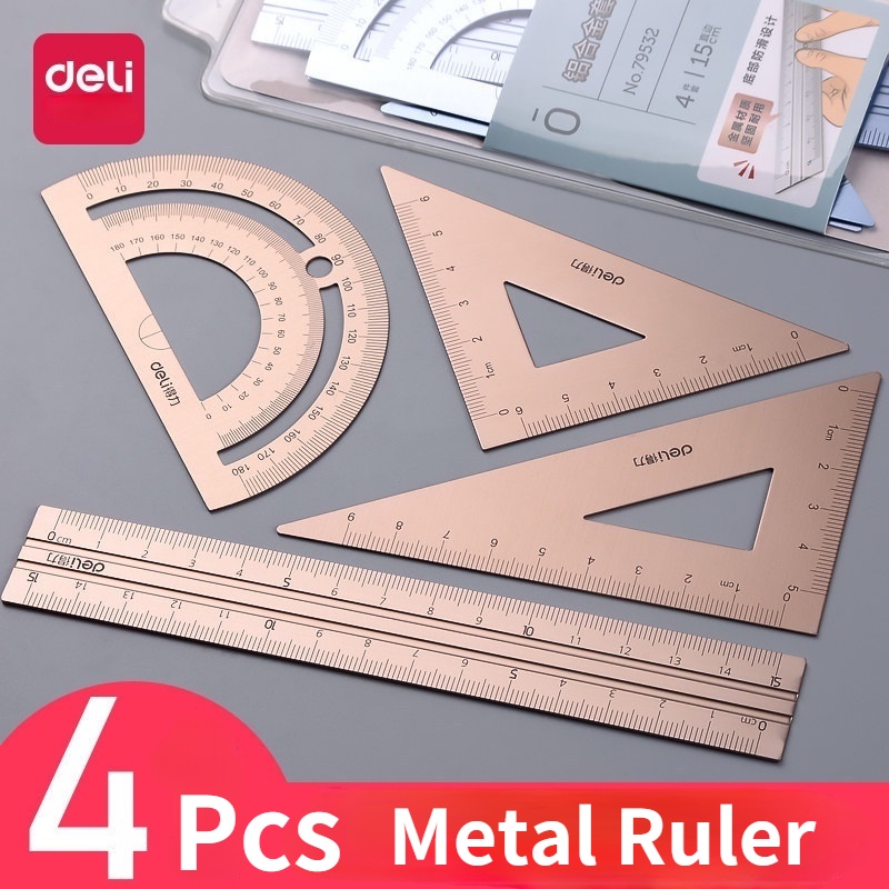 4 PCS Metal Ruler Set Square Ruler Triangle Protractor Metal Ruler Set ...