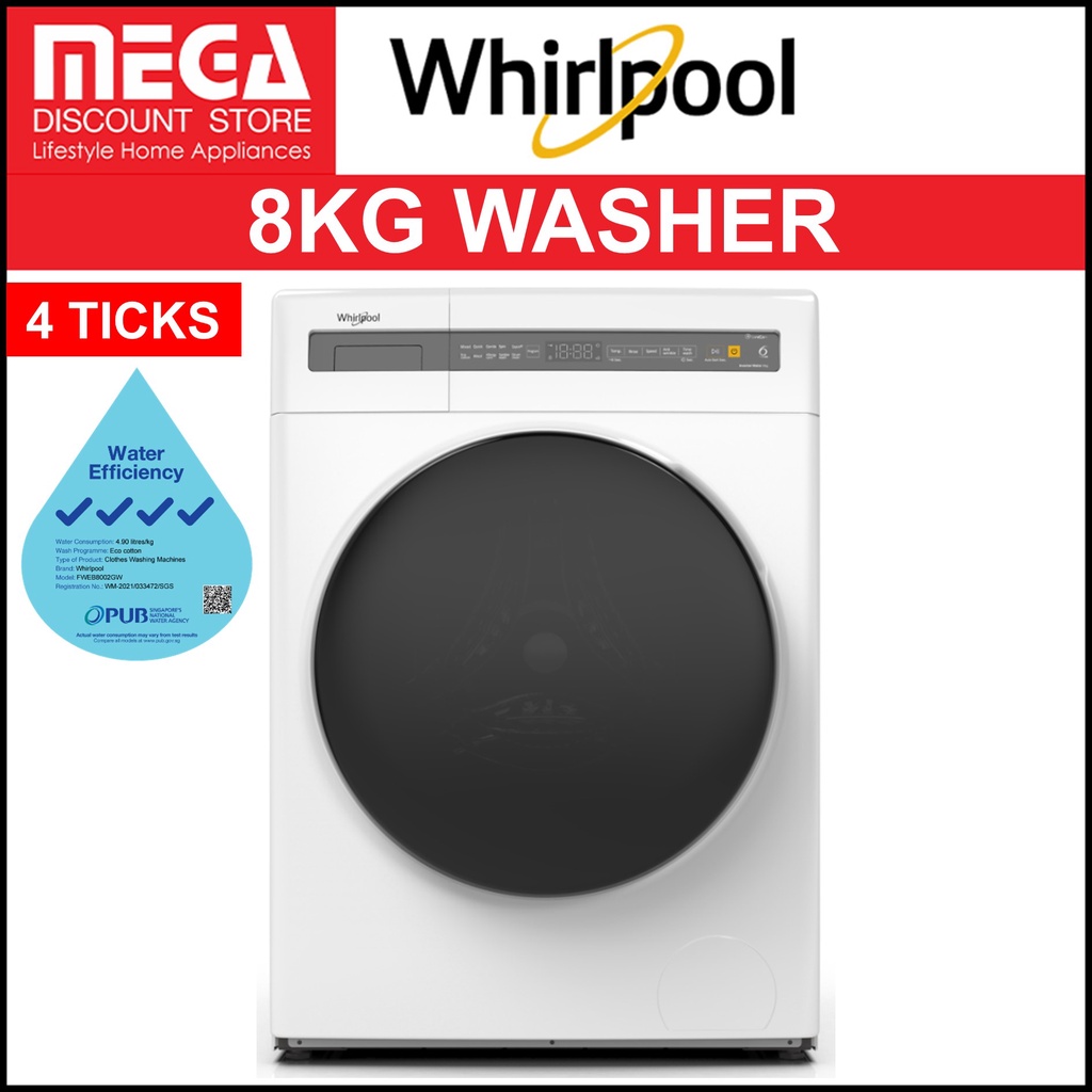 WHIRLPOOL FWEB8002GW 8KG FRONT LOAD WASHER (4 TICKS) | Shopee Singapore