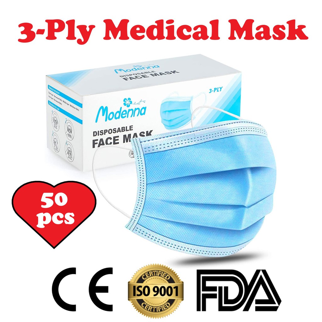 Modenna 3-Ply Earloop Face Mask Disposable Protective Surgical Medical ...