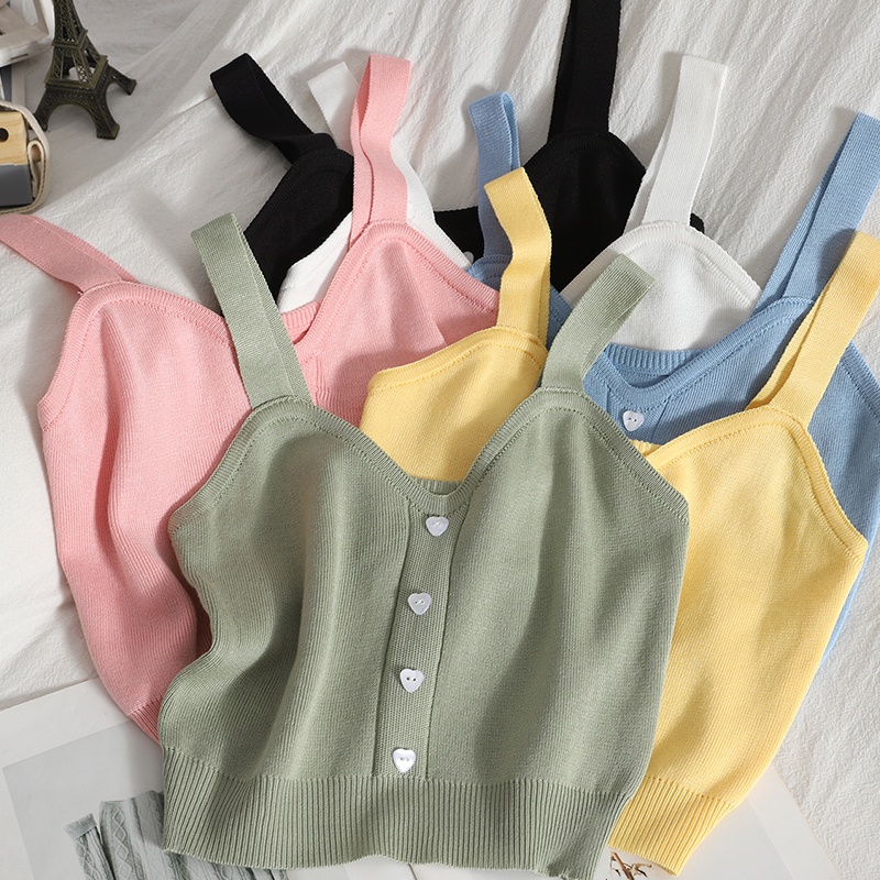 Summer Knitted Camisole Women Cute Love Button Strap Tops All-match New ...