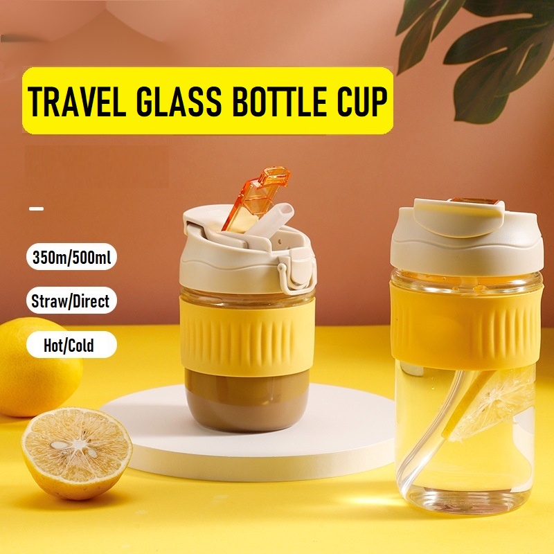 350ml / 550ml High Borosilicate Glass Bottle Cup Travel Mug Hot and Cold Snap Open Water Bottle ...