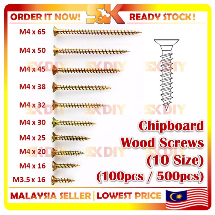 100pcs/500pcs M4 screw Counter sunk chipboard wood screw skru (16, 20 ...