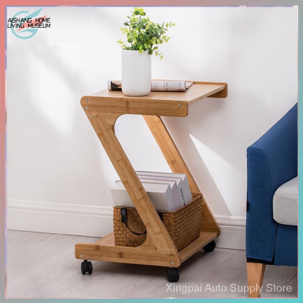 Side Table Movable Small Coffee Table Solid Wood Bedroom with Wheels ...