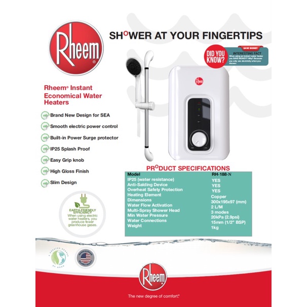 Rheem RH188 Electric Instant Water Heater + 1 Year Local Manufacturer ...