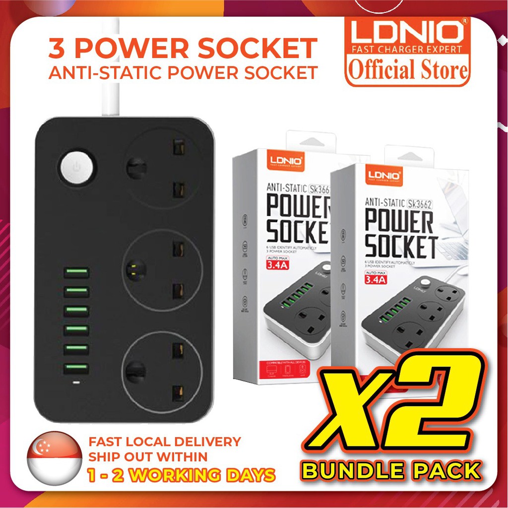 🔥Bundle of 2🔥 LDNIO SK3662 Power Socket with UK 3 Pin + 6 USB Charger ...