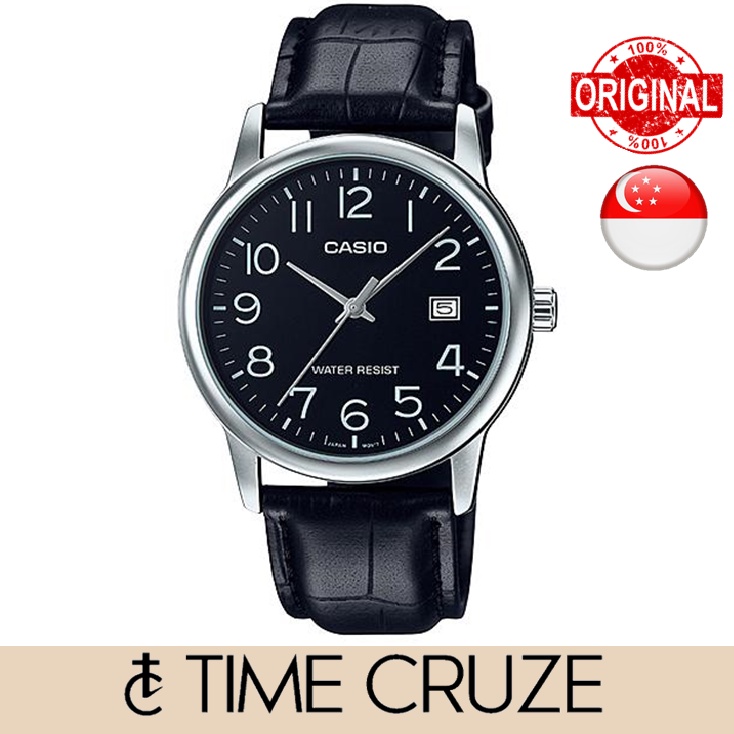 [Time Cruze] Casio MTP-V002 Analog Quartz Date Leather Band Black Dial Men Watch MTP-V002L-1BUDF ...