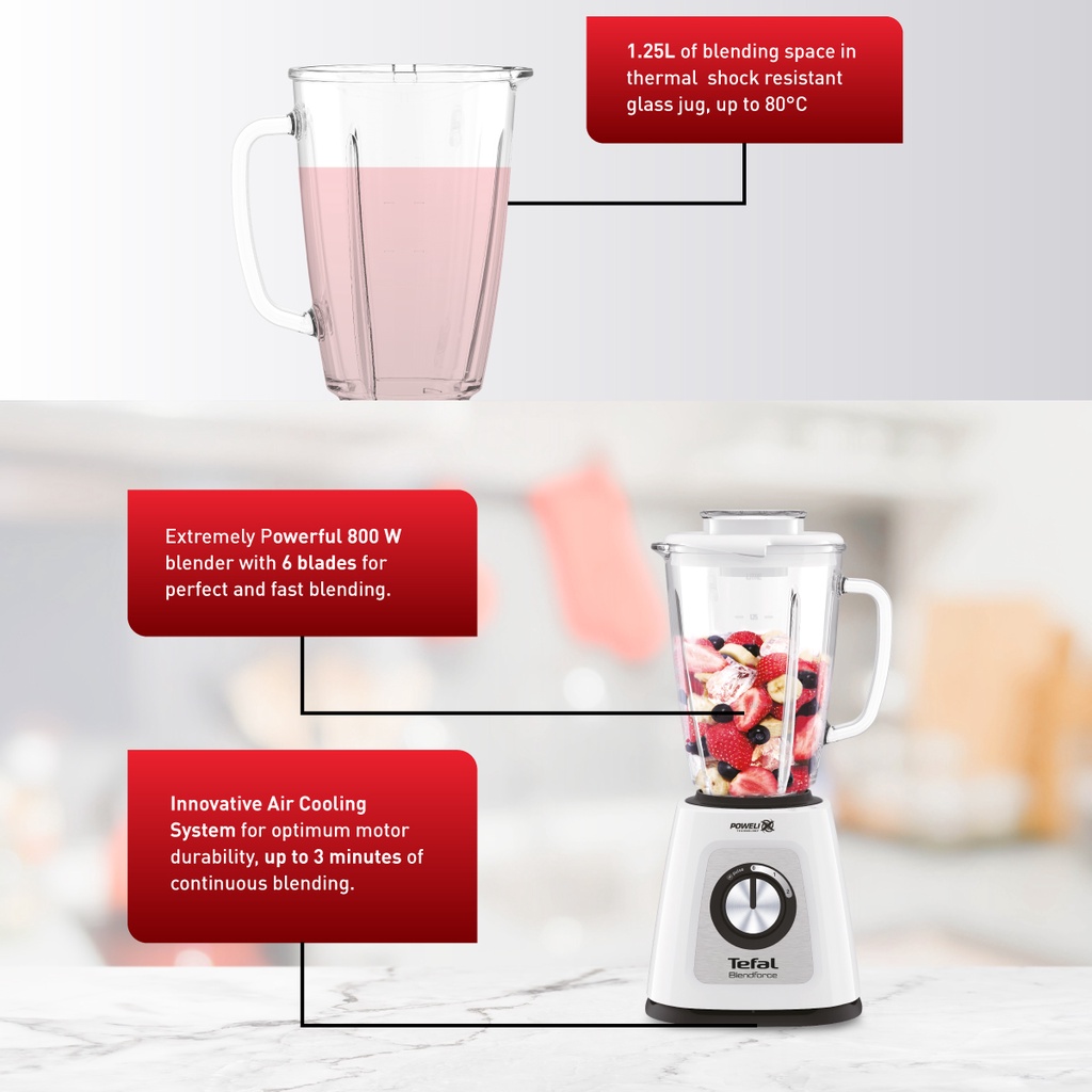 Tefal Blendforce 2 Glass Blender BL4361 - 800W, 2 speeds & pulse, 1.75L thermal shock resistant ...