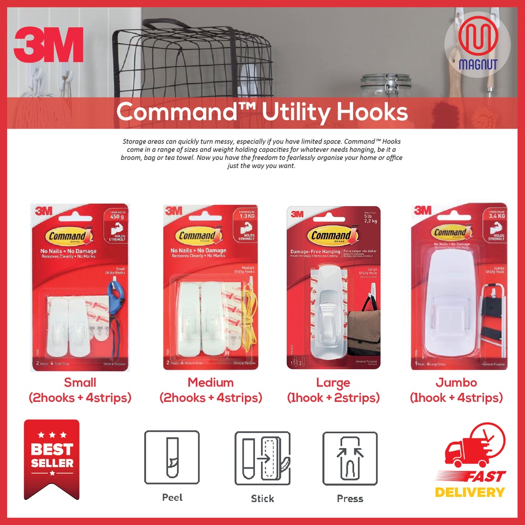 3M CommandTM Small / Medium / Large / Jumbo Utility Hooks | Shopee ...