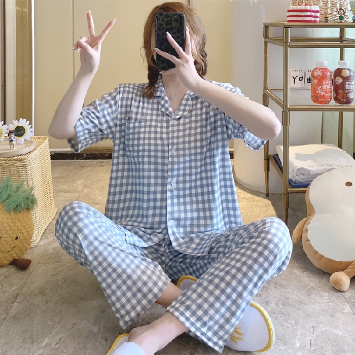 Korean Women Cotton Pyjamas Set Short Sleeve Plaid Leopard Print ...