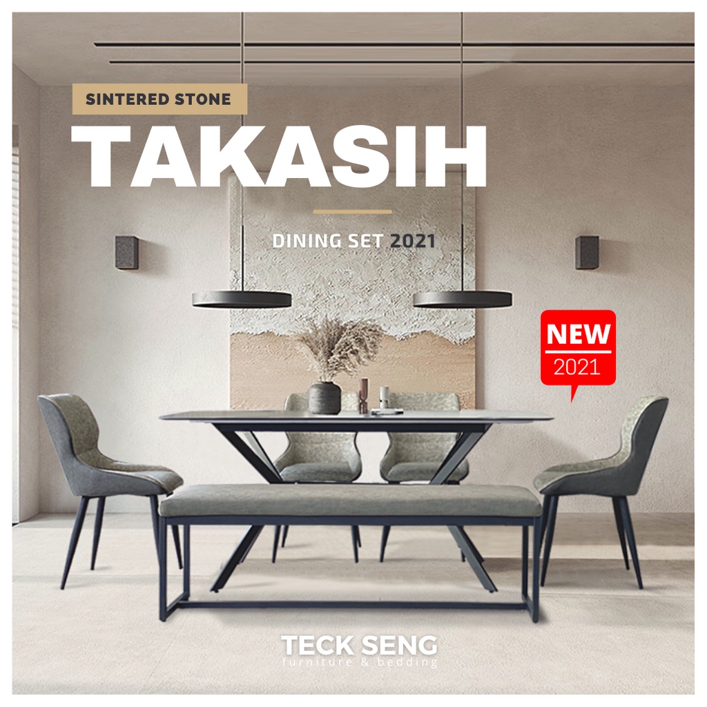 [TECK SENG] TAKASIH 1+4+BENCH DINING SET / Sintered Stone/ Fire & Heat ...