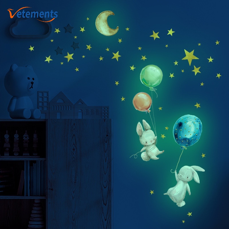 Glow In The Dark Rabbit Bear Wall Sticker/ Cartoon Bunny Holding ...
