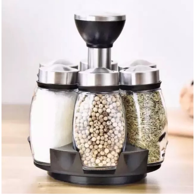 6 Glass Rotating Cruet Condiment Seasoning Jars Set for Spices Pepper ...