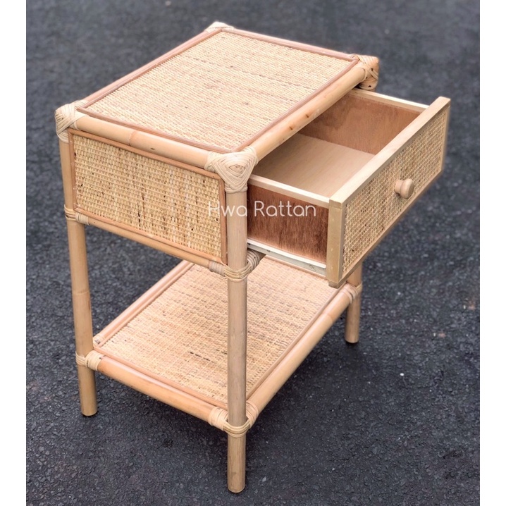 Rattan wood webbing cabinet bedside table drawer storage organiser ...