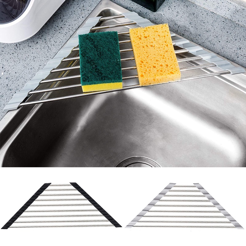 Triangle Dish Drying Rack For Sink Corner Roll Up Sponge Holder ...