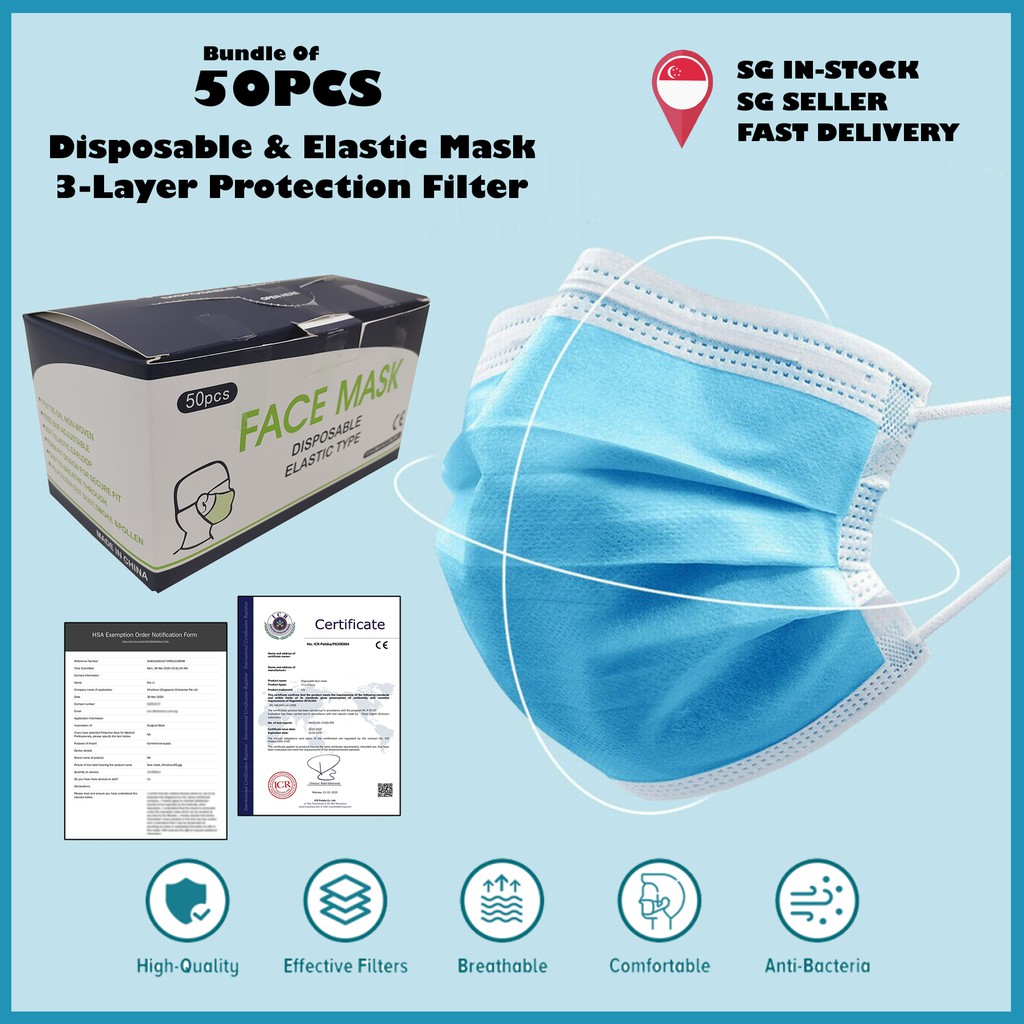 50PCS. 3 PLY Surgical Face Mask, with HSA EXEMPTION, and CE CERTIFICATE ...