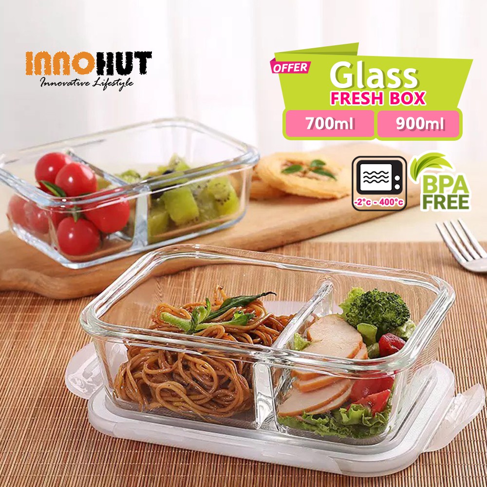 Rectangular 2 Compartments Borosilicate Glass Food Storage Container ...