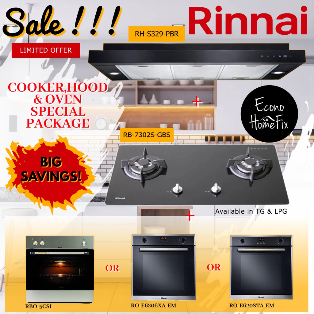 [RINNAI] BUNDLE PROMO! 2 BURNER HOB + HOOD + OVEN RH-S329-PBR + RB-7302S-GBS (RBO-5CSI,RO ...