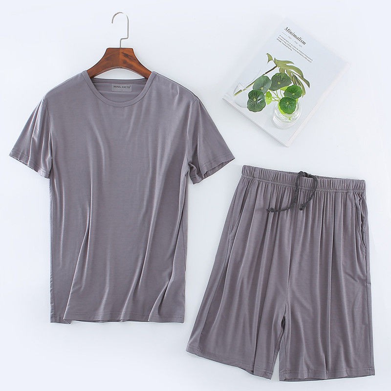 L-8XL Solid Color Modal Pajamas Men Short Sleeve Pyjamas Set T-Shirt ...