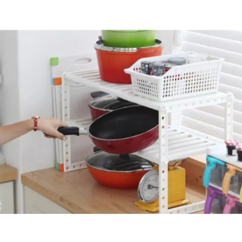 2 TIER EXPANDABLE KITCHEN RACK SHELF STAND STORAGE CABINET ORGANIZER ...