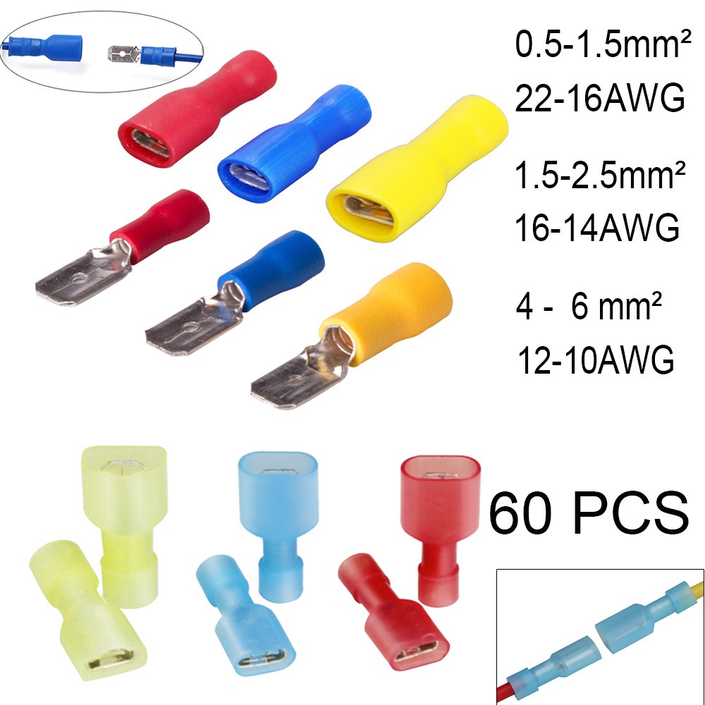 60Pcs 30 Pairs Spade Terminals Female and Male Connector Crimp ...