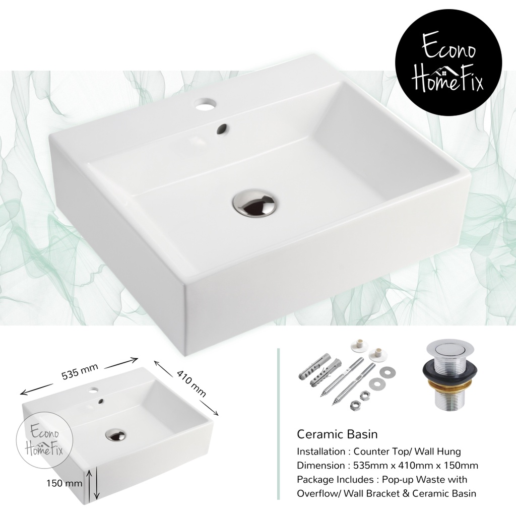 535mm Ceramic Square Hand Wash Basin, Counter Top/ Wall Hung, Singapore ...