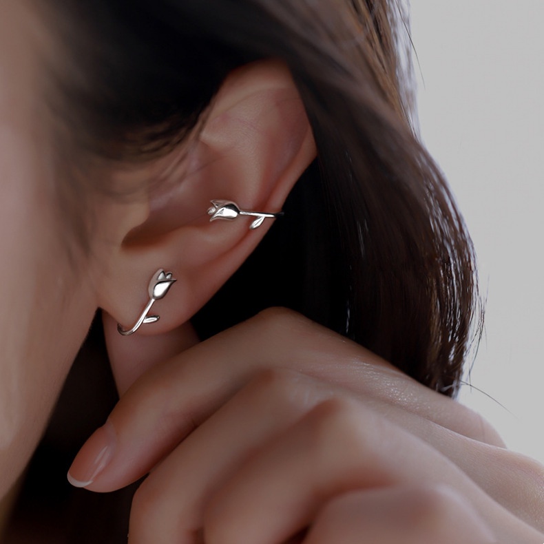 925 Silver Tulips Flower Ear Hook Earrings Hypoallergenic 1 Pair Korean Earrings Hoop Piercing ...