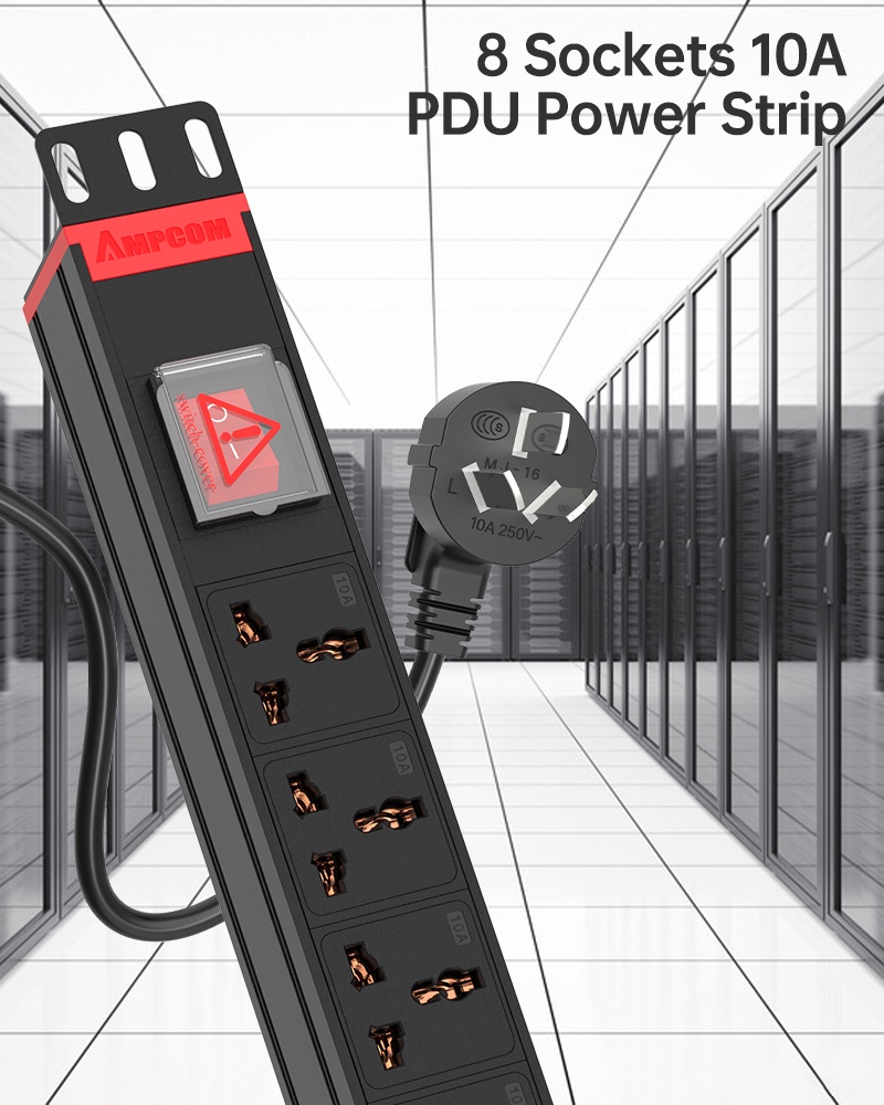 AMPCOM Universal PDU Power Strip Switcher 8 Outlets 1U 220-250V 10A/16A Copper Material with ...