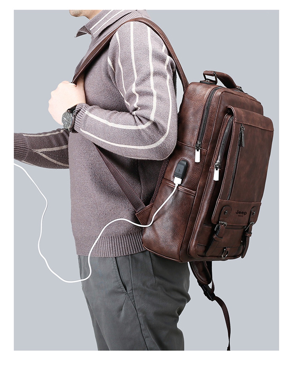 JEEP BULUO Backpack Fashion Leather Men Business Male 15.6" Laptop Bag ...