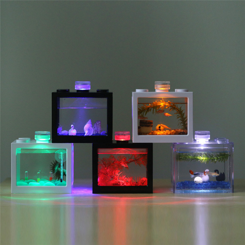 Mini Aquarium Block Building Block Tank with LED Lighting Bulb Betta ...