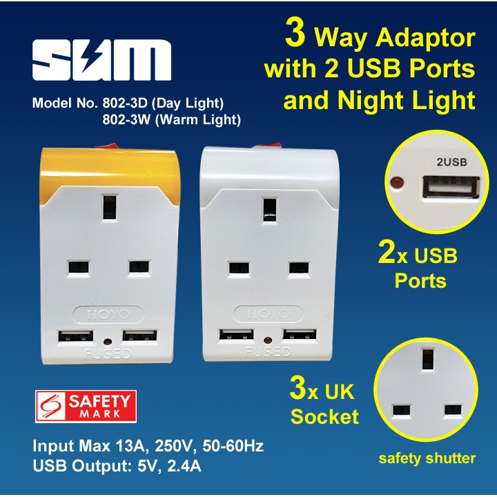 3 Way Adaptor with 2 USB Ports (2.4A) and Night Light | Shopee Singapore