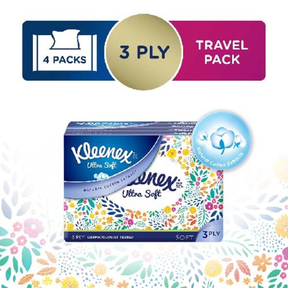KLEENEX Ultra Soft 3 Ply Facial Tissues Soft Pack 50 sheets x 4 packs ...