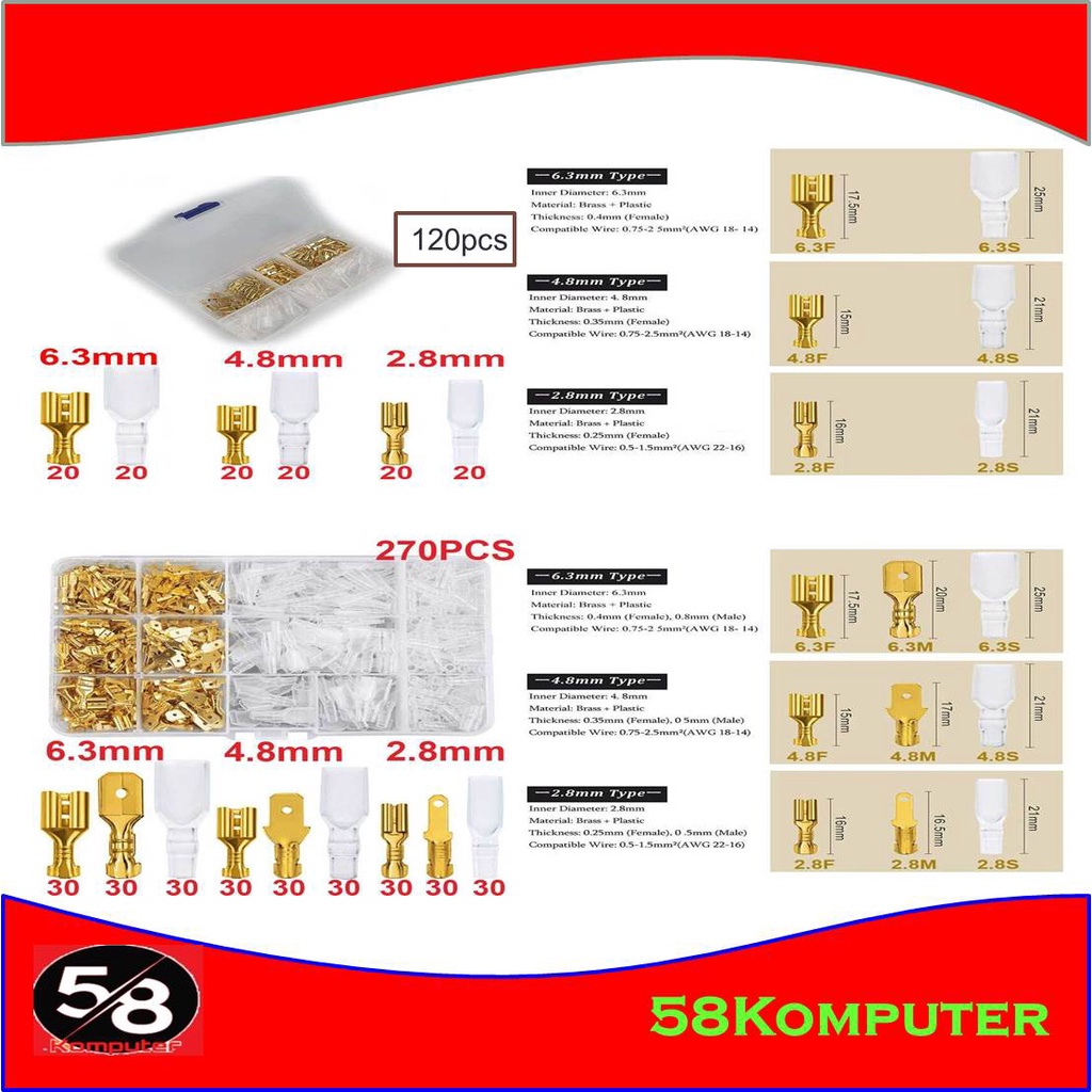 Skun Flat Connector Wire Crimp Connector Spade Kit 270 Pcs Skun Flat ...