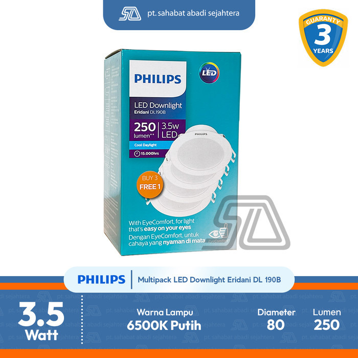 PUTIH Philips LED Ceiling Downlights Contains 4 Eridani multipack 3.5W 3 Inch 6500K White Inbow ...