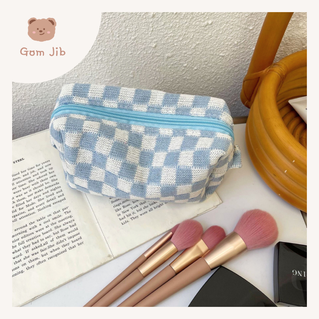 Aesthetic Gingham Knit Pouch / Multipurpose Makeup Bag / Pencil Case ...