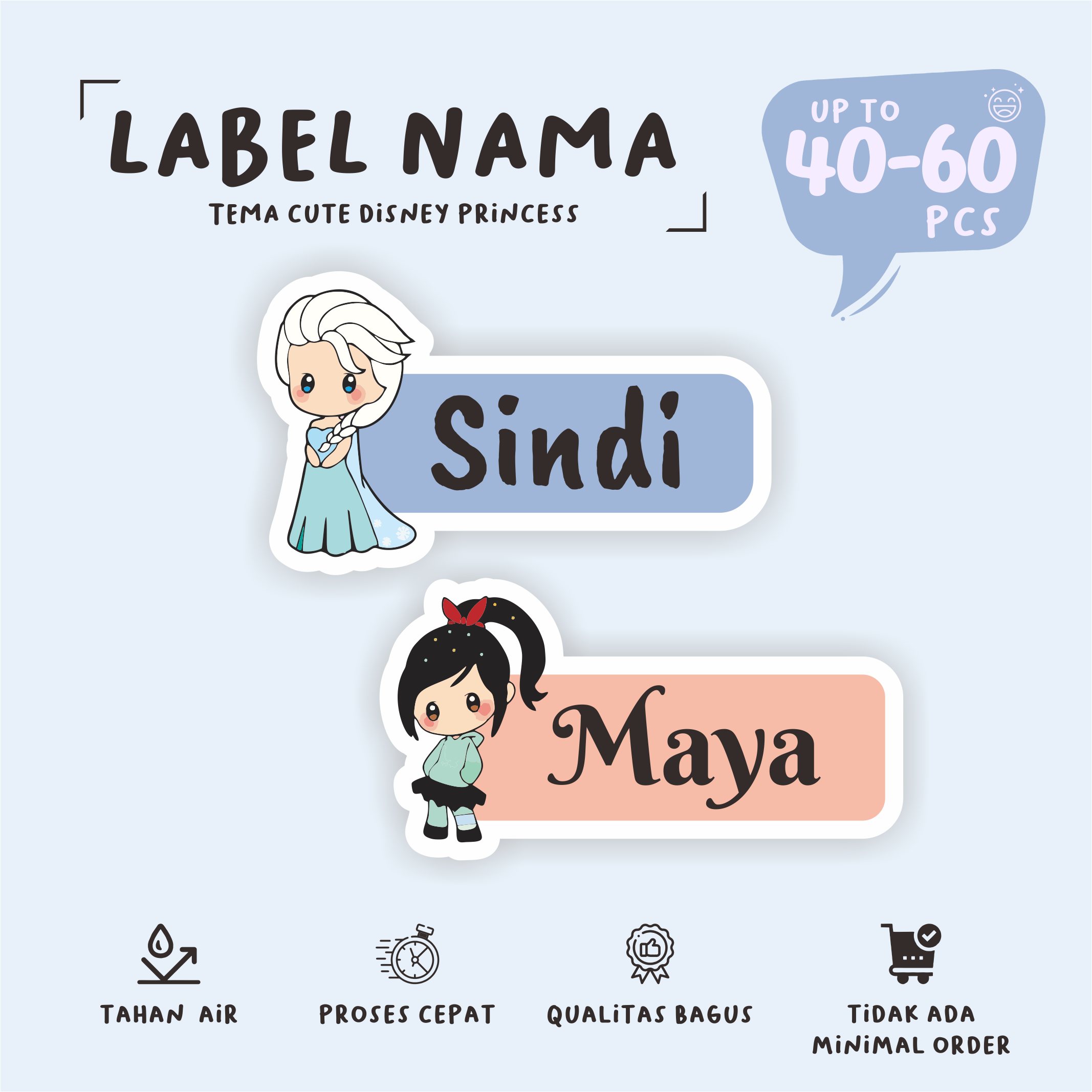 (40-60Pcs) Disney PRINCESS waterproff Name label/cute Name Sticker ...