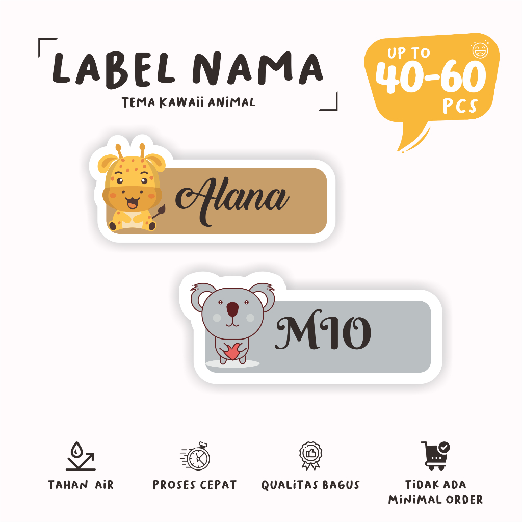 (40-60 Pcs) KAWAII ANIMAL Name Labels/Can custom Name/waterproff/Cute ...