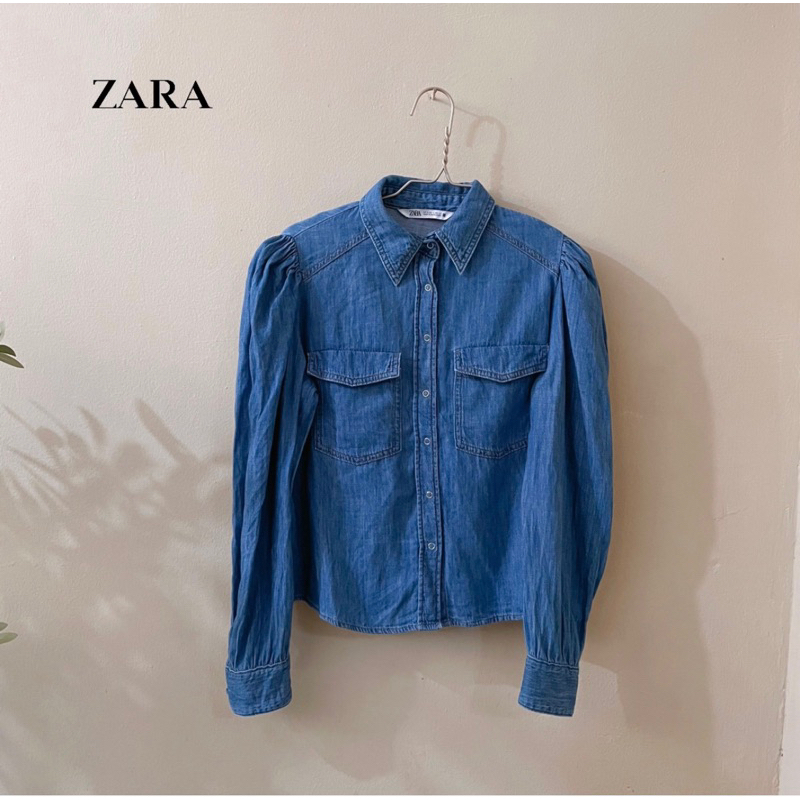 Zara Denim Shirt with Puff Shoulder (M) | Shopee Singapore