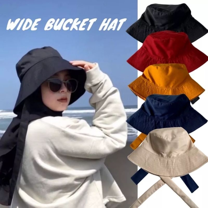 Wide bucket hats long strap hijab celebgram model plain beach hat for ...