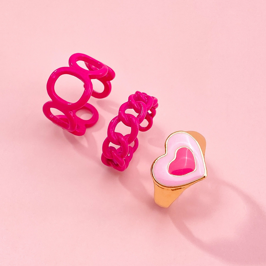 MERAH Pinky Heart Heart Rings 3 Sets Acrylic Resin Plastic Love Red ...