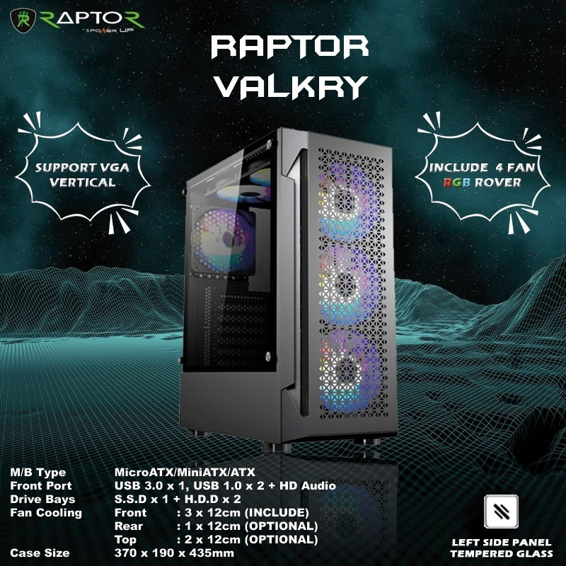 Power UP Raptor Valkry RGB Vertical VGA Gaming PC Case Includes 3fan ...