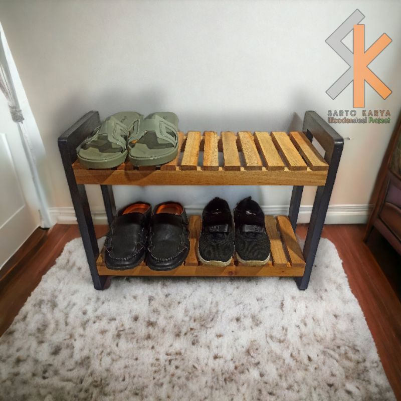 KAYU Mahogany Wood 2 Layer Shoe Rack, Multipurpose Aesthetic Minimalist ...