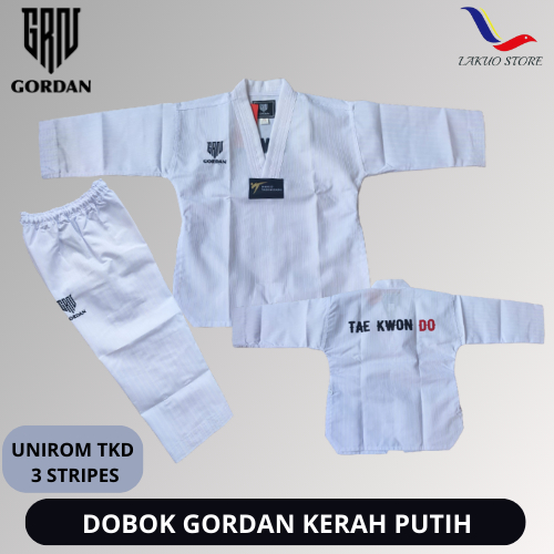 PUTIH Dobok GORDAN 3 STRIPES / UNIFORM TAEKWONDO WHITE COLLAR / DOBOK ...