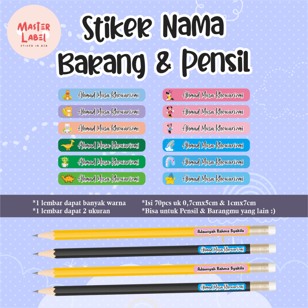Custom Name Sticker Pencil Sticker uk A4 Contents 70pcs Pencil Name ...